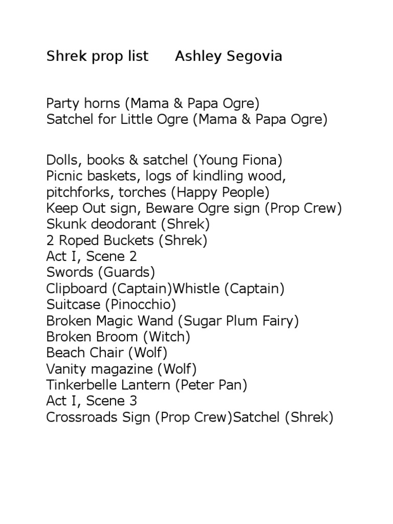 Shrek Musical Prop Inventory | PDF | Young Adult