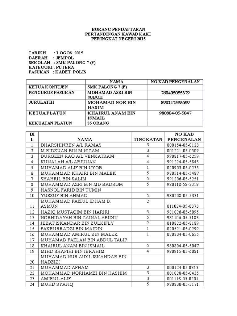 Borang Pendaftaran Kawad Kaki Krs Ngo Go SMK Palong 7 2015 Negeri | PDF