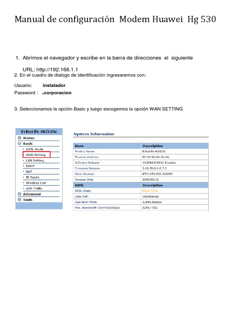 Manual de Configuración Modem Huawei HG530 PDF | PDF | Informática