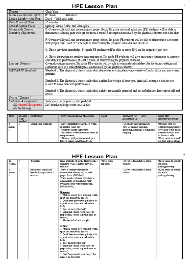 8th Grade Volleyball Lesson Plan | PDF | Volleyball | Sports