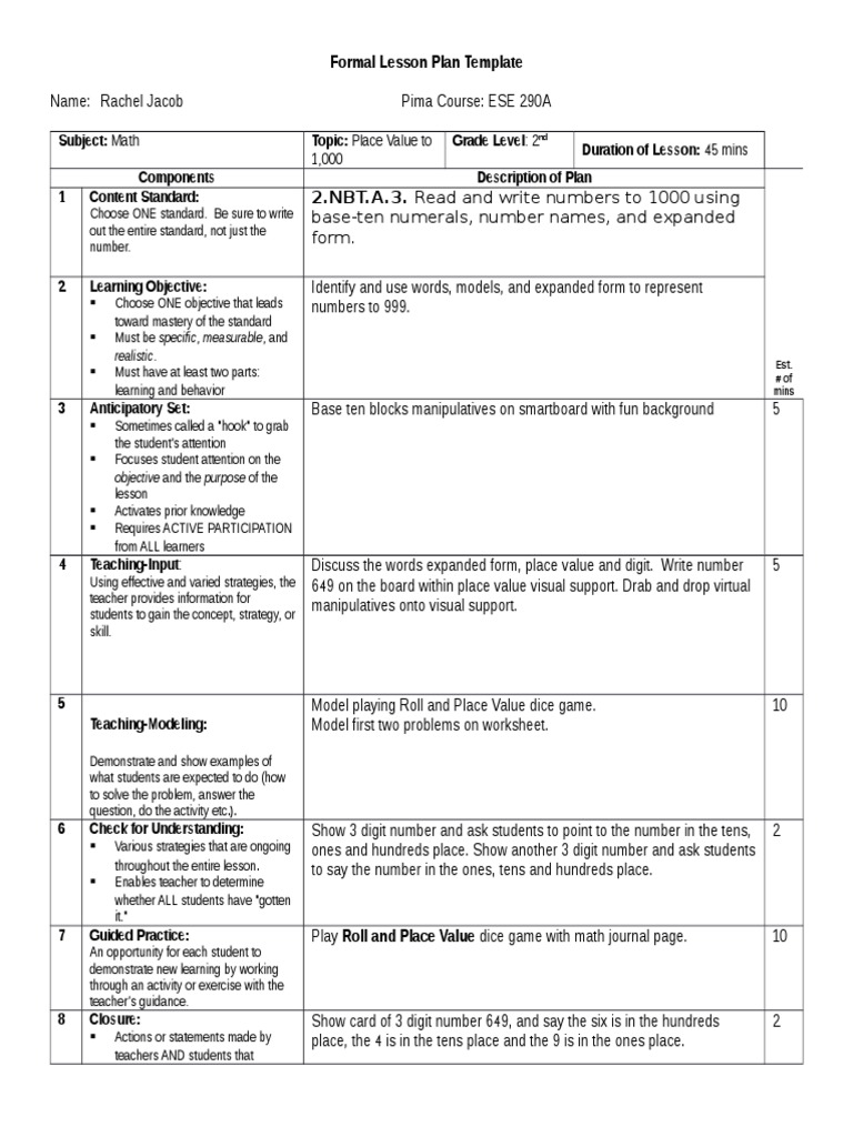 Ese 290a M2a2 Formal Lesson Plan | PDF | Lesson Plan | Educational Assessment