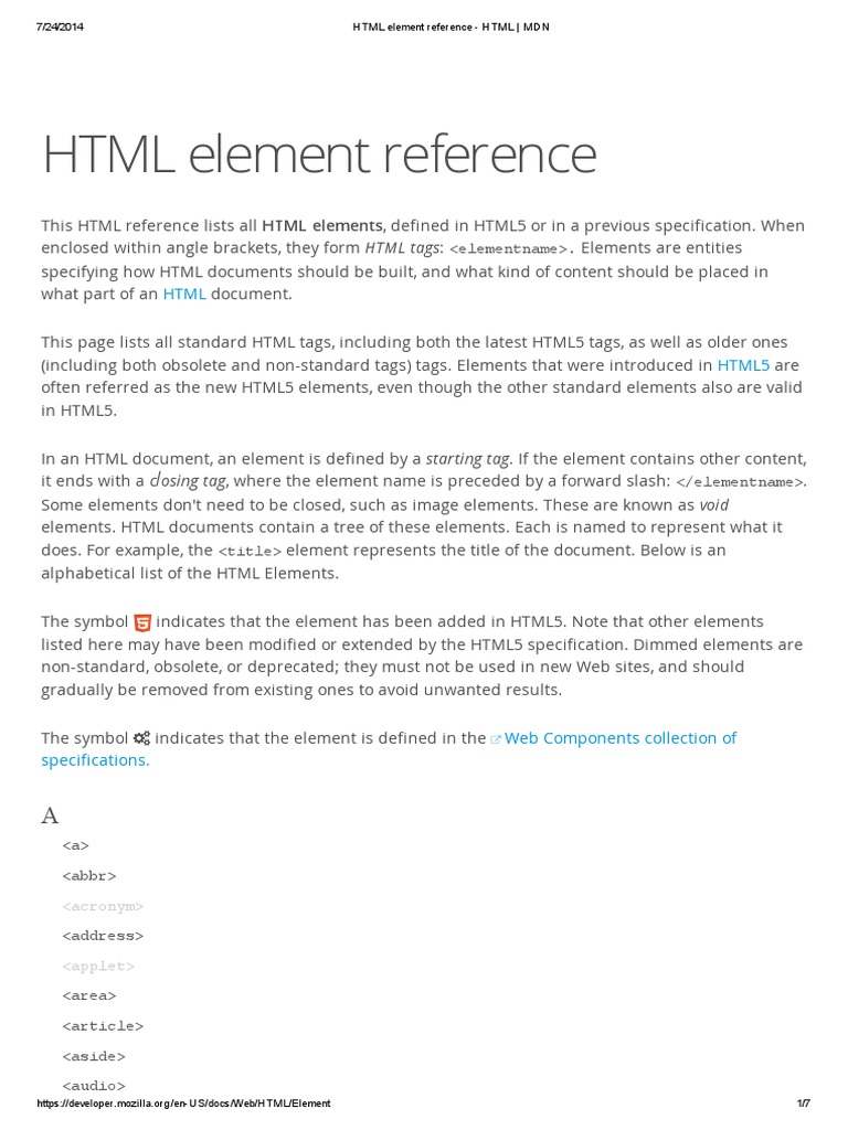 HTML Element Reference - HTML - MDN | Html Element | Html5