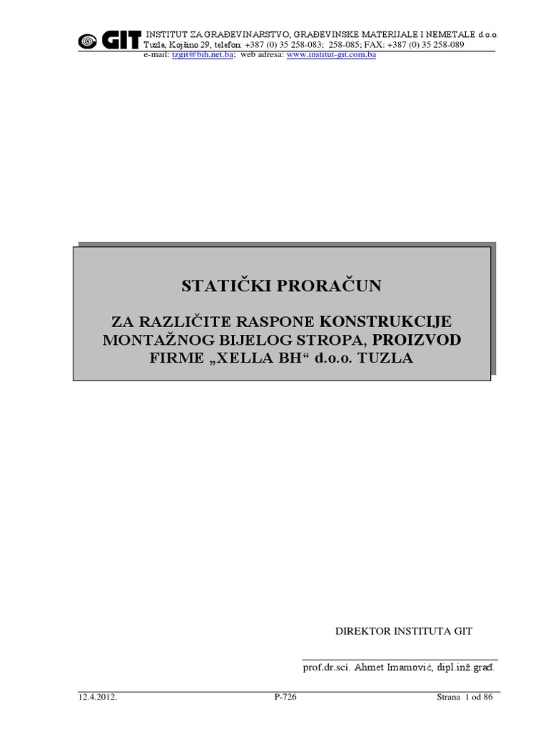 P-726 Statički Proračun Bijelog Stropa Xella Tuzla | PDF