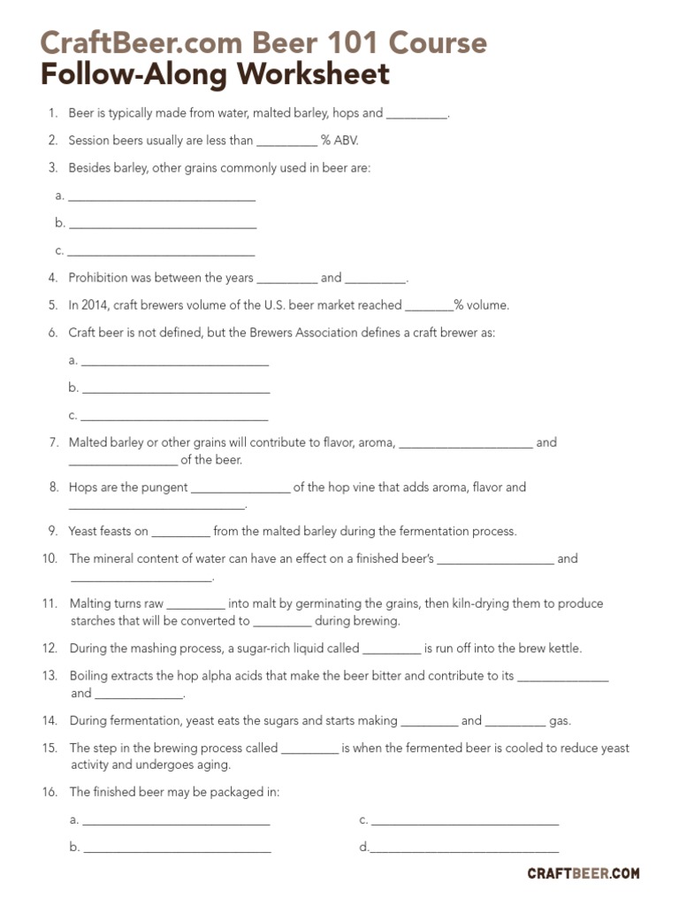 BEER 101 Course Follow-Along Worksheet | PDF | Brewing | Malt