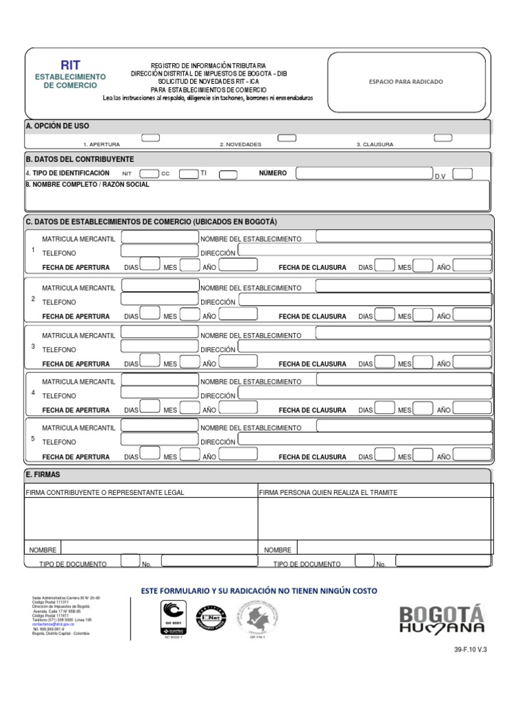 Formato Rit Establecimiento Comercio - JOHAN | Contribuyente | Bogotá | Prueba gratuita de 30 ...