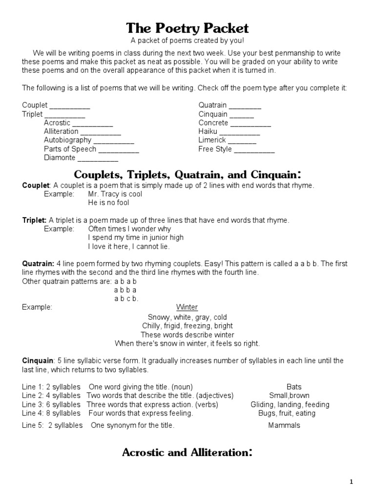The Poetry Packet: Couplets, Triplets, Quatrain, and Cinquain | PDF ...