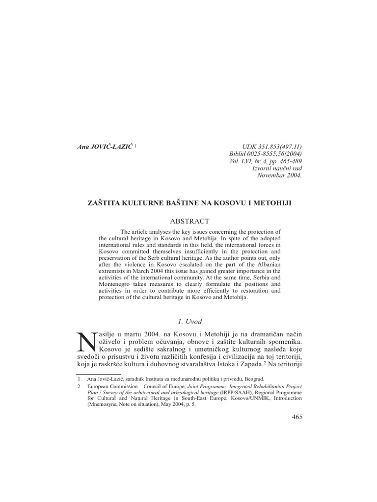 Ana Jovic-Lazic - Zastita Kulturne Bastine Na Kosovu I Metohiji | PDF