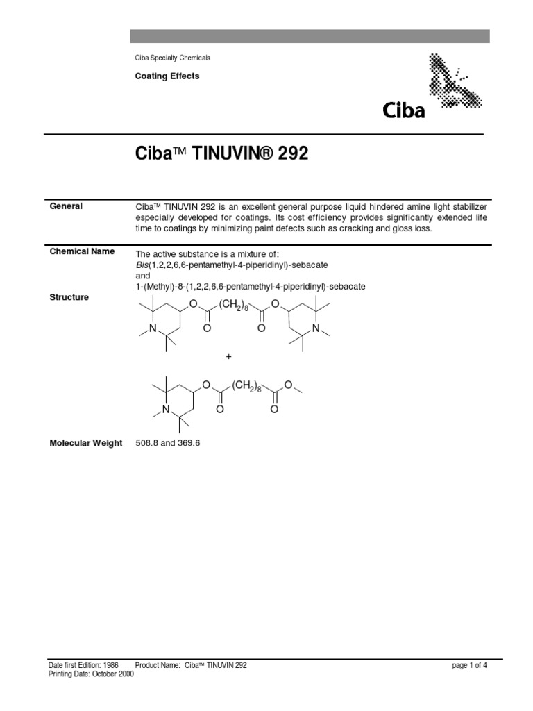 Tinuvin 292 | PDF | Paint | Chemistry