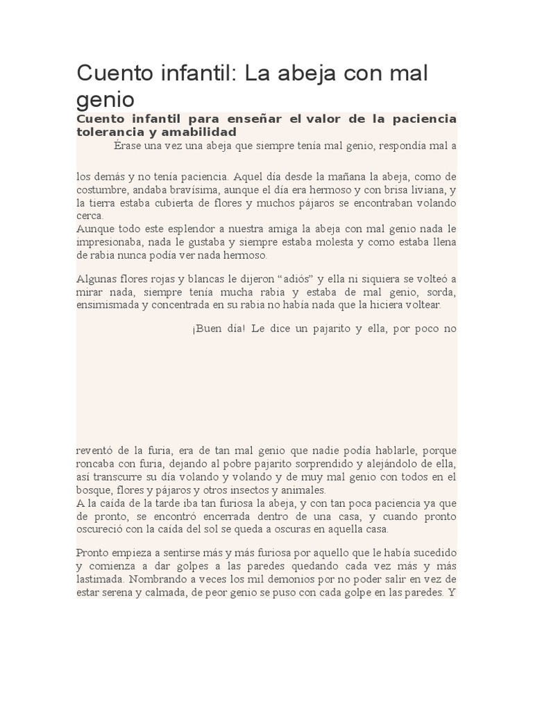 Cuento Infantil De La Abeja Con Mal Genio Pdf Ocio