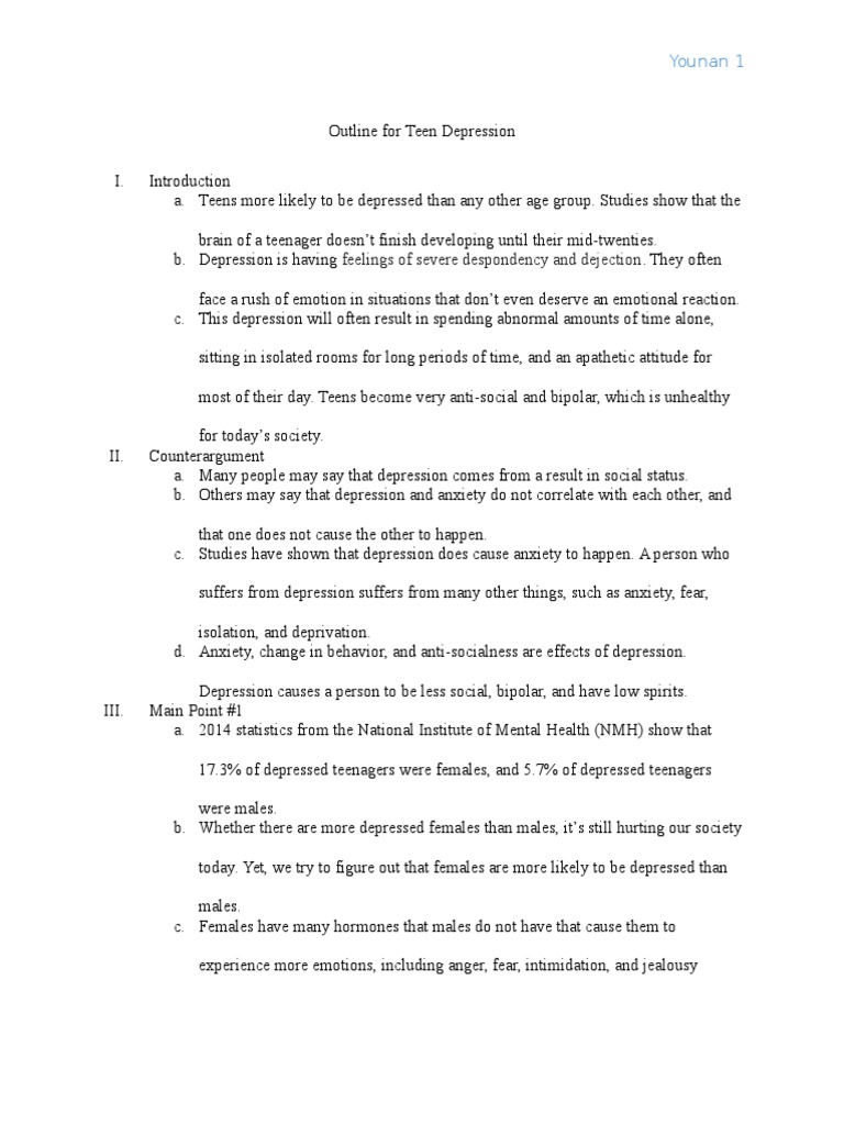Outline For Teen Depression | PDF | Major Depressive Disorder | Adolescence