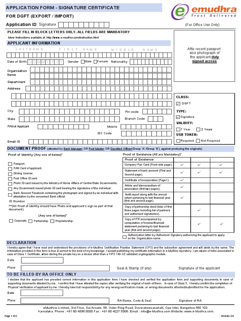 Emudhra Application Form DGFT | PDF | Identity Document | Official ...