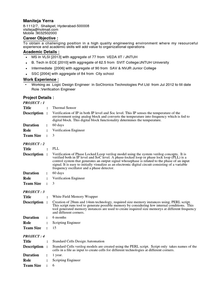VLSI Verification Engineer Resume | PDF | Electronic Engineering ...
