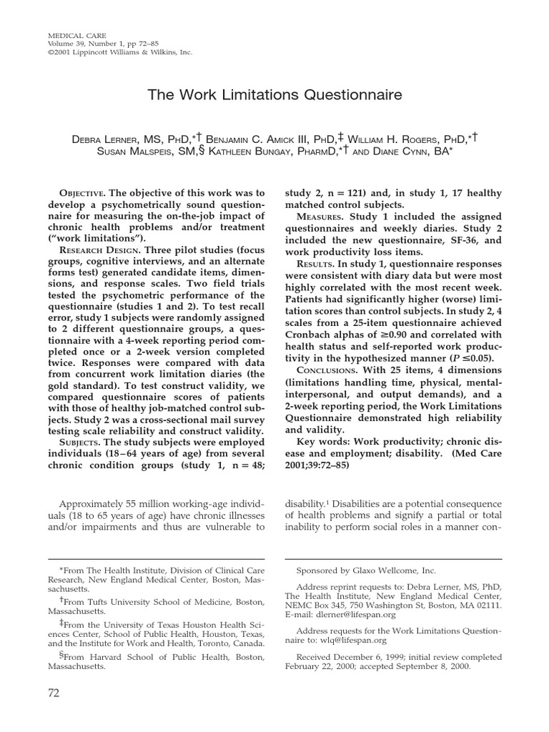 The Work Limitations Questionnaire | Analysis Of Variance | Errors And ...