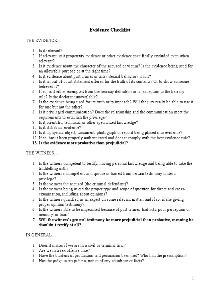 01evidence Checklist and Short Outline | PDF | Relevance (Law ...