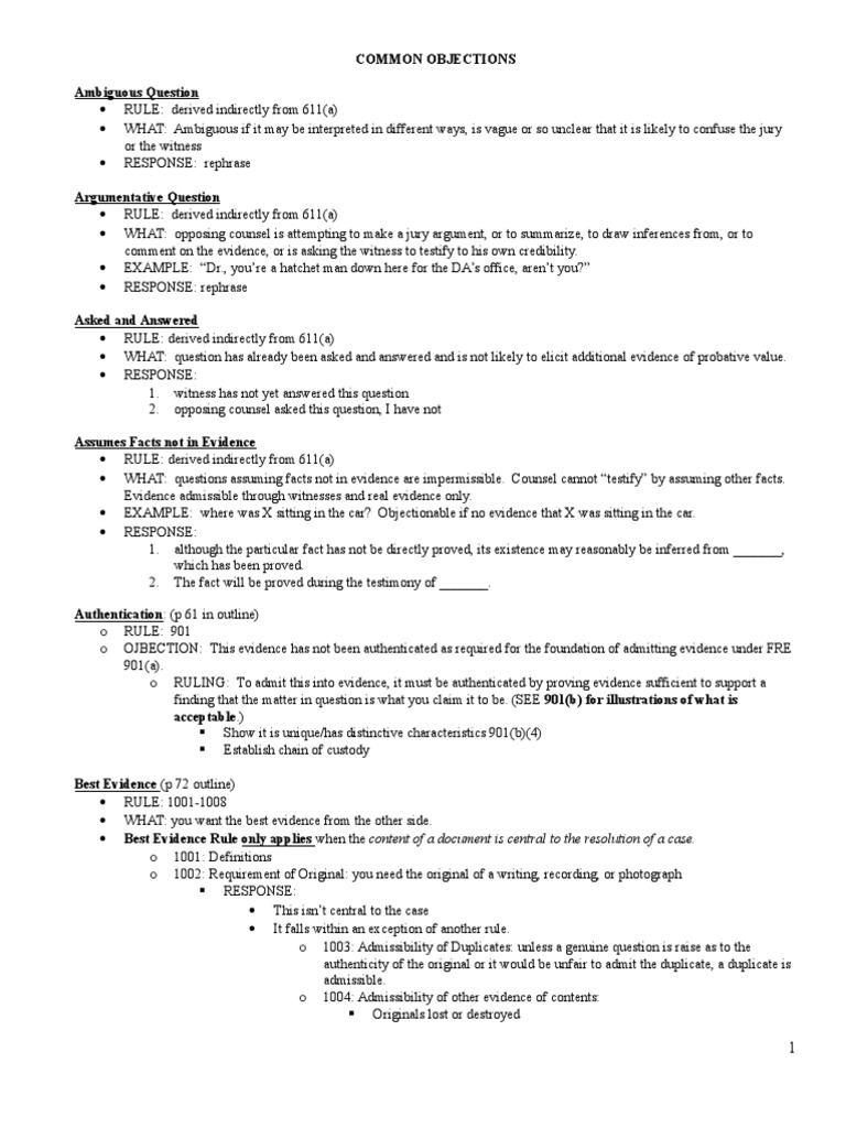 Evidence Common Objections | PDF | Witness Impeachment | Evidence (Law)