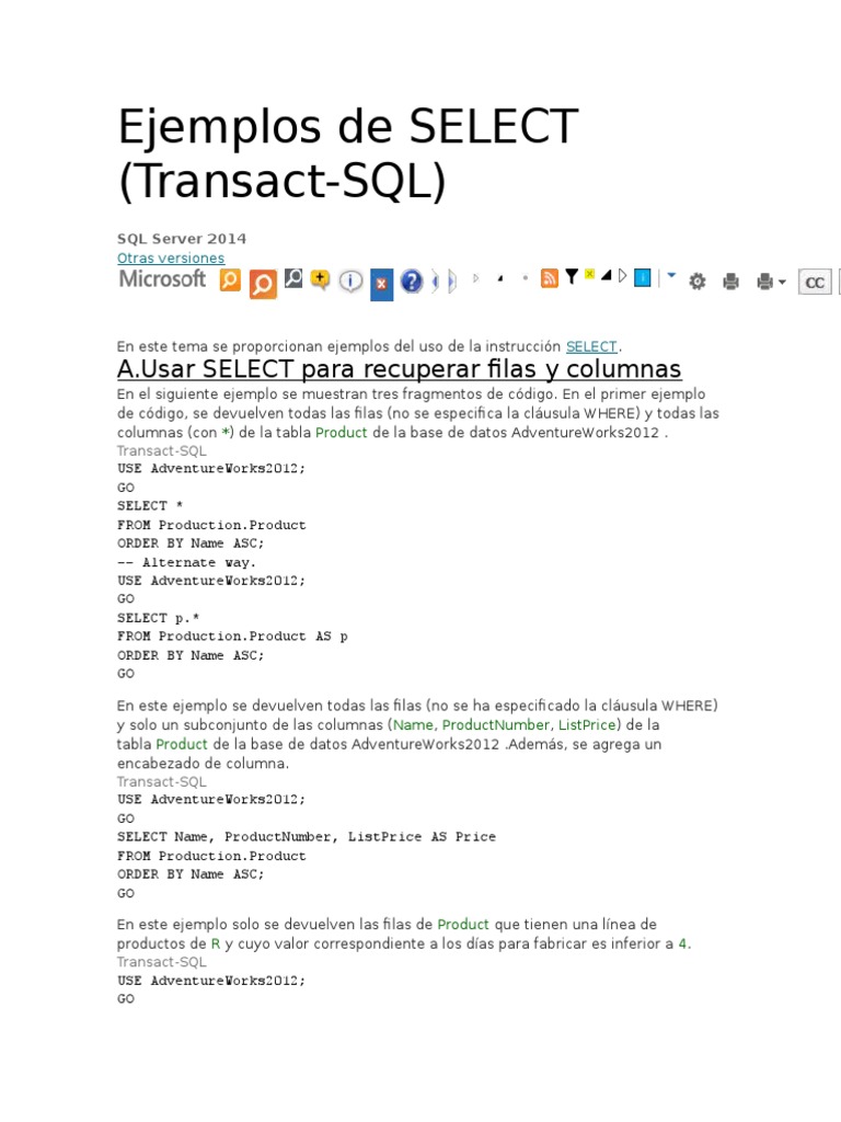Ejemplos de SELECT SQL | PDF | Servidor SQL de Microsoft | Tabla (base ...