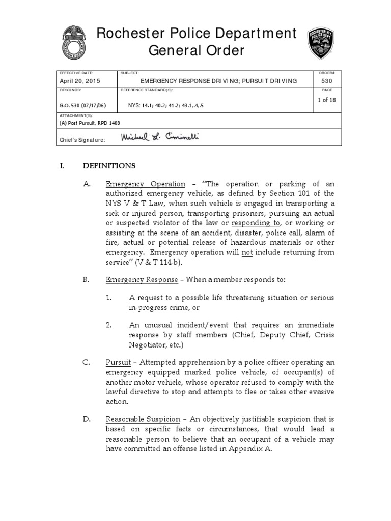 Rochester Police Department Pursuit Policy | PDF | Police Car | Traffic
