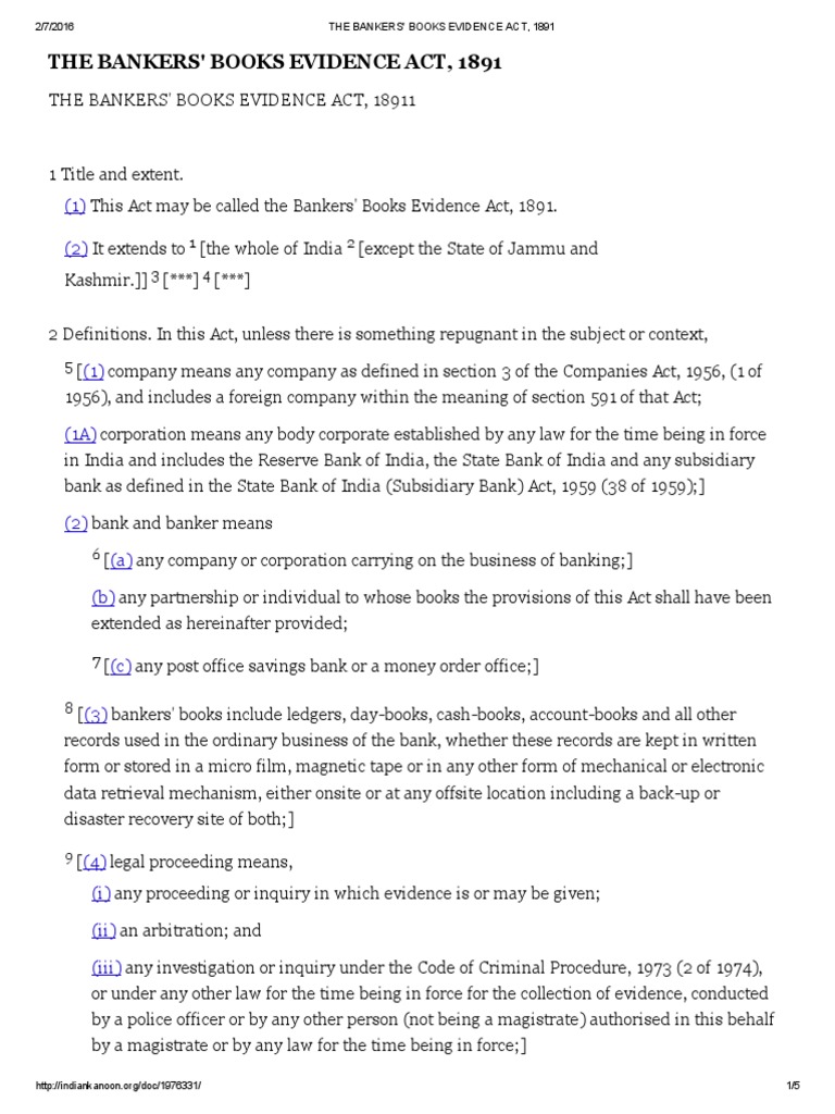 The Bankers' Books Evidence Act, 1891 | PDF | Evidence | Banks