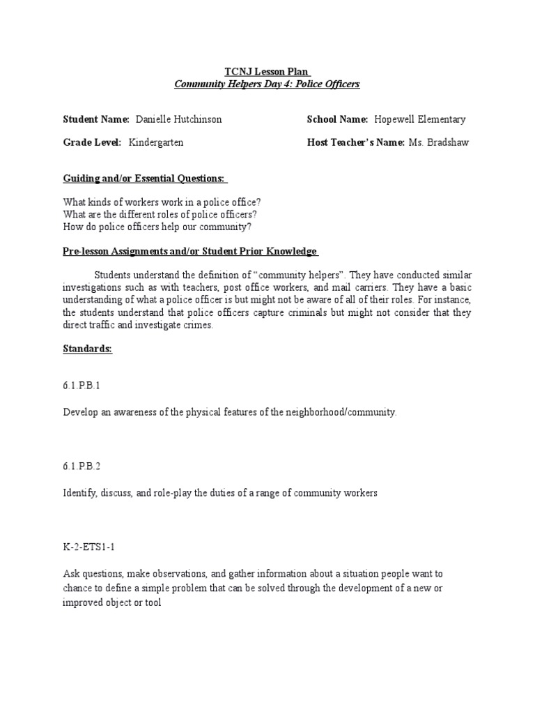 Unit Lesson Plan Day 4 Police Officers | PDF | Lesson Plan | Police