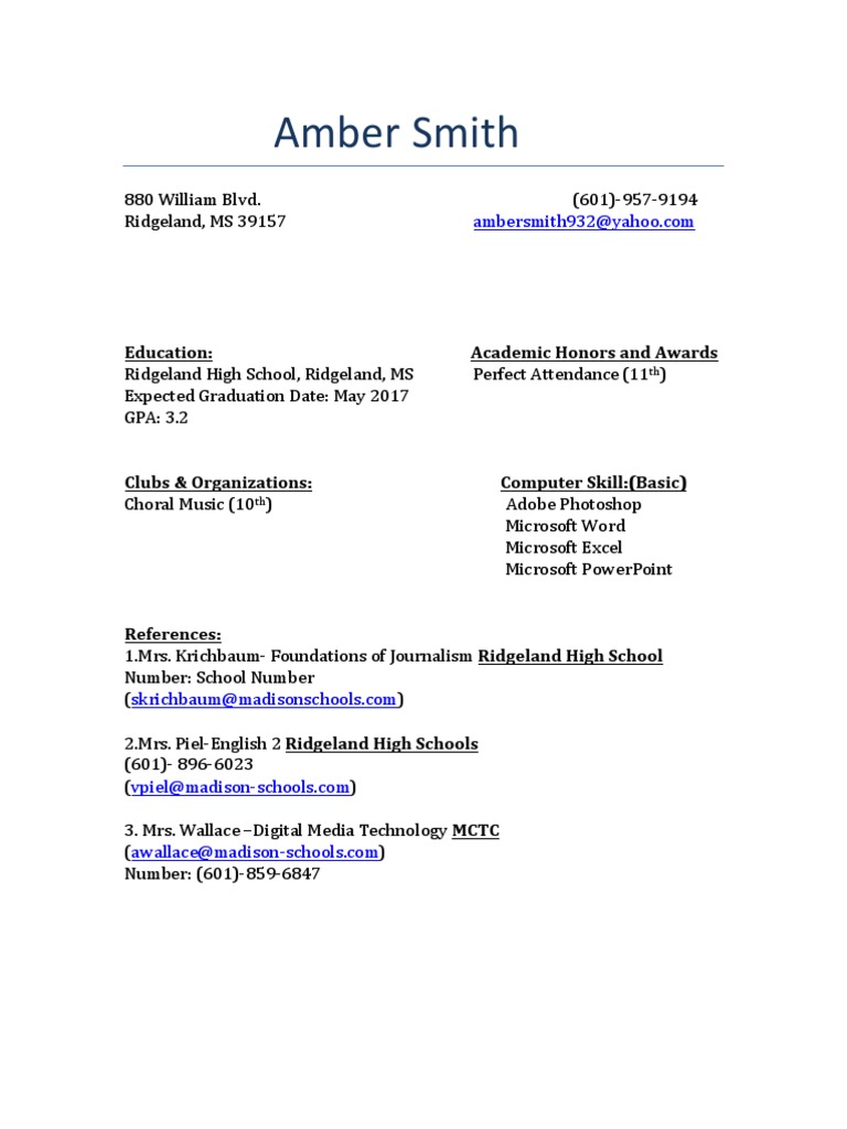 Amber Smith's High School Resume | PDF