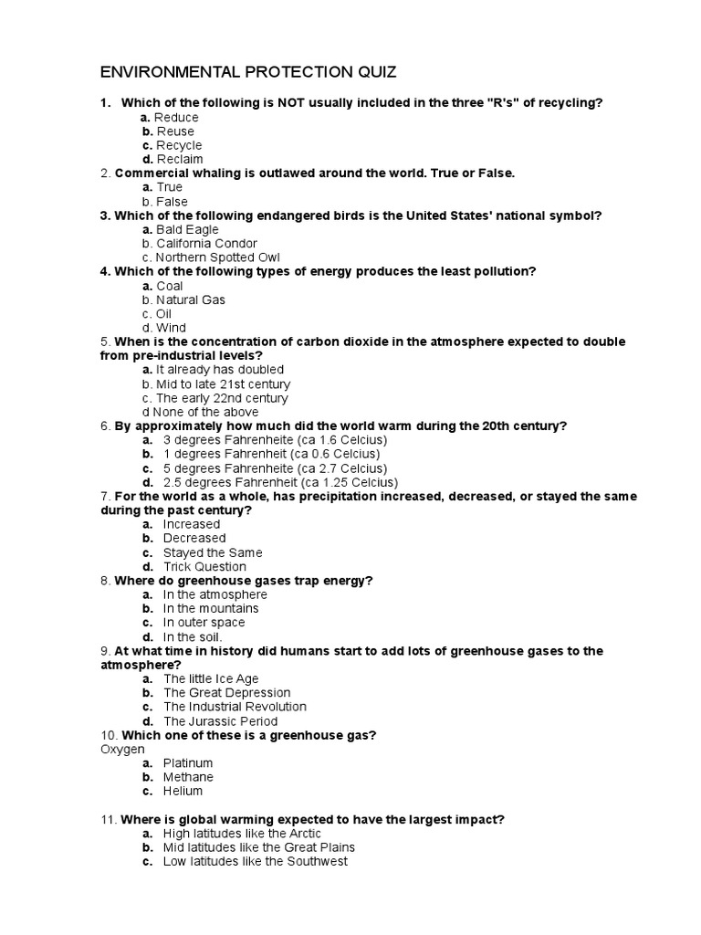 Environmental Protection Quiz 2025 | PDF | Chlorofluorocarbon ...