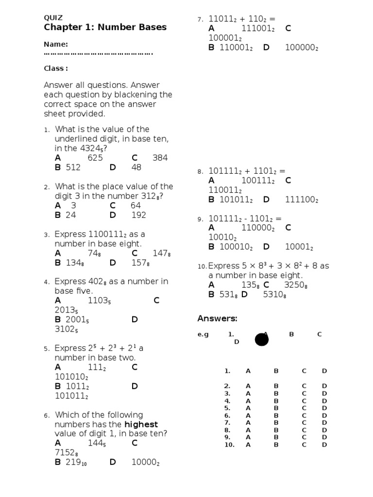 Grade 12 Number Bases Quiz | PDF