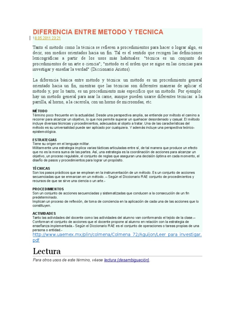 Diferencia Entre Metodo y Tecnica | PDF | Lectura (proceso) | Cognición