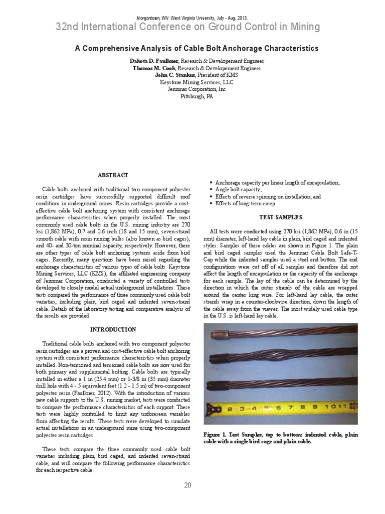 Cable Bolt Anchorage Performance Analysis | PDF | Ultimate Tensile ...