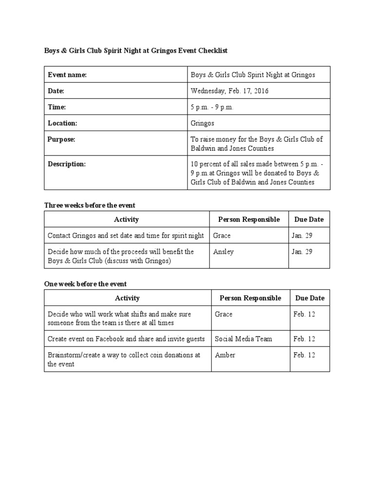 Boys & Girls Club Spirit Night Checklist | PDF | Sports & Recreation ...