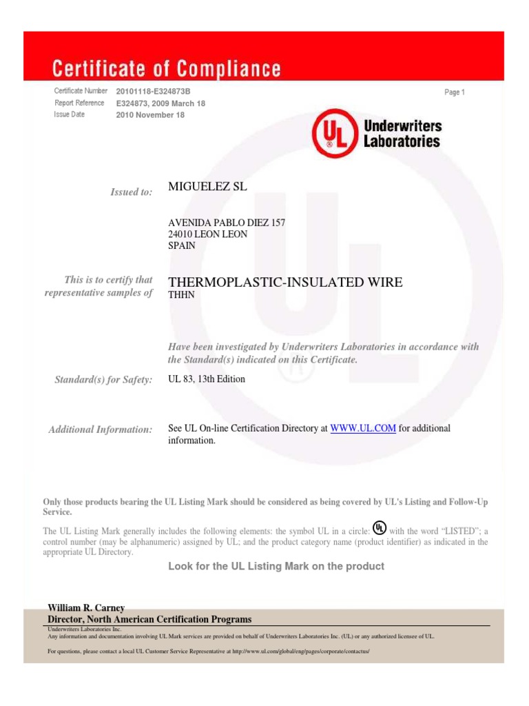 Certificate of Compliance UL83 | PDF