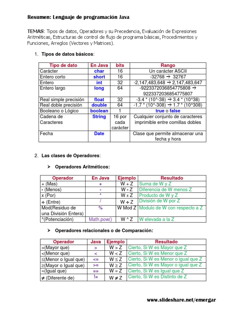 Resumen Java | PDF | Estructura de datos de matriz | Tipo de datos