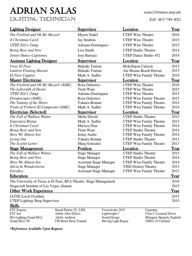 Adrian Salas Lighting Resume No References | PDF