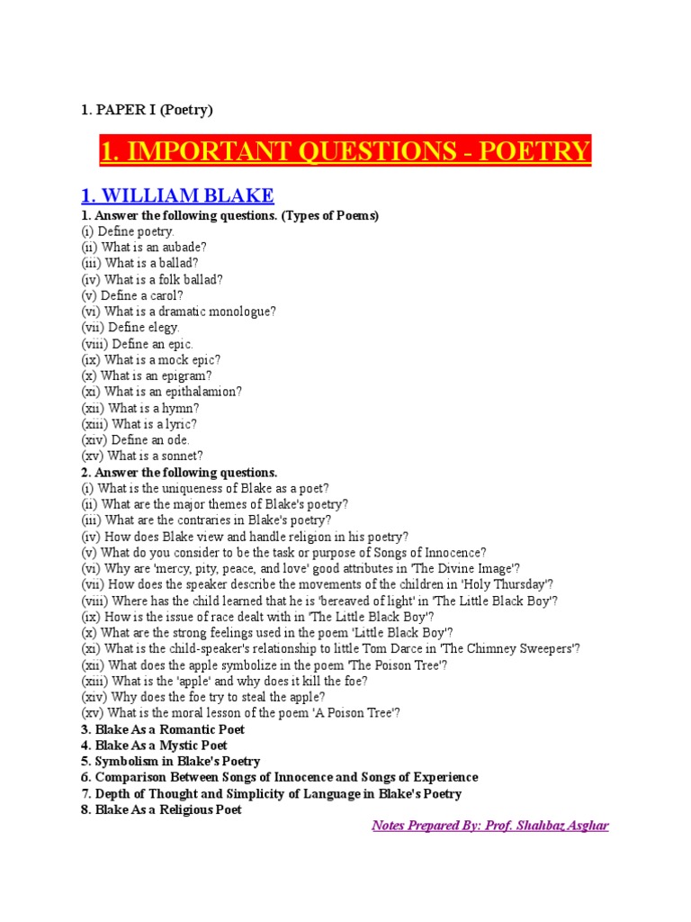 Important Questions Poetry | Poetic Form | Poetry