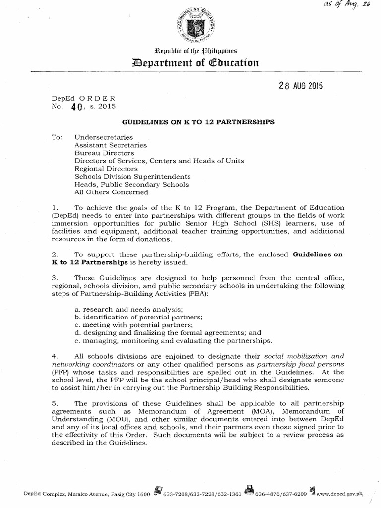 DepEd Order No. 40, S. 2015 (K To 12 MOA's) | PDF