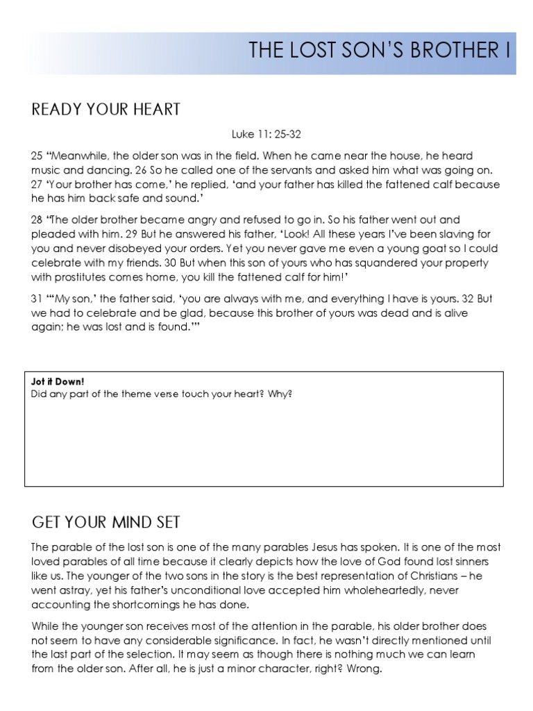 The Prodigal Son's Brother - A Bible Study | PDF | Parables Of Jesus ...