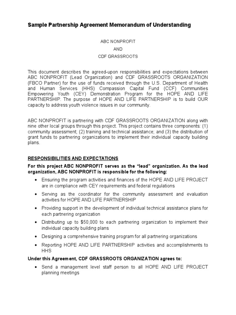 Sample Partner Agr MOU | PDF | Fundraising | Nonprofit Organization