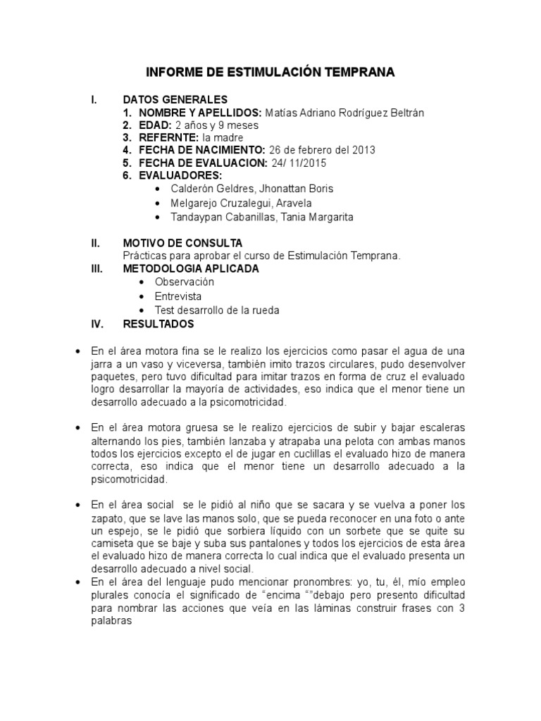 Informe de Estimulación Temprana