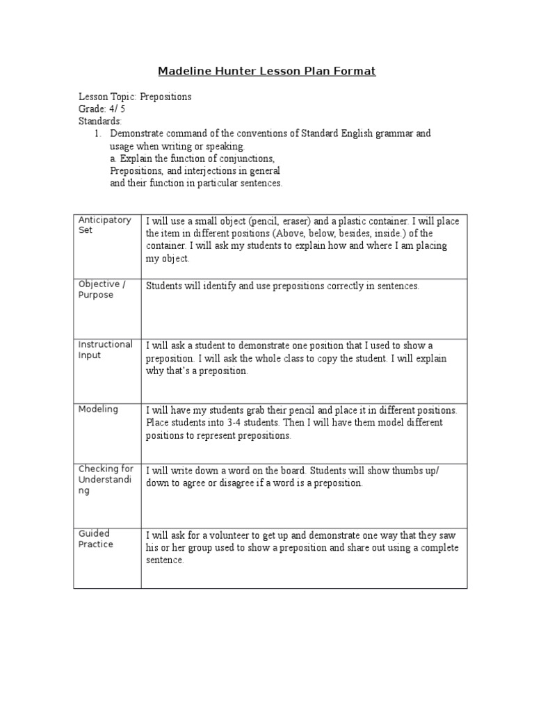 Madeline Hunter Lesson Plan Format: Anticipatory Set | PDF