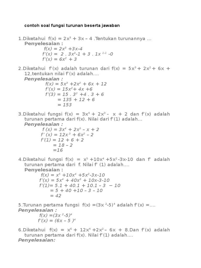 Contoh Soal Fungsi Turunan Beserta Jawaban | PDF