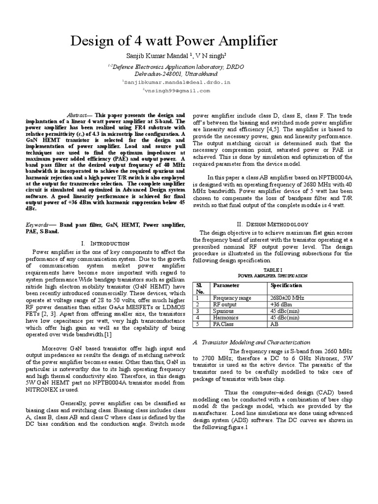 Design of 4W S-Band Power Amplifier | PDF | Amplifier | Transistor