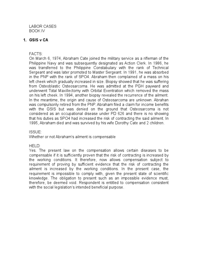 Labor Case Compensability Analysis | PDF | Employment | Parkinson's Disease