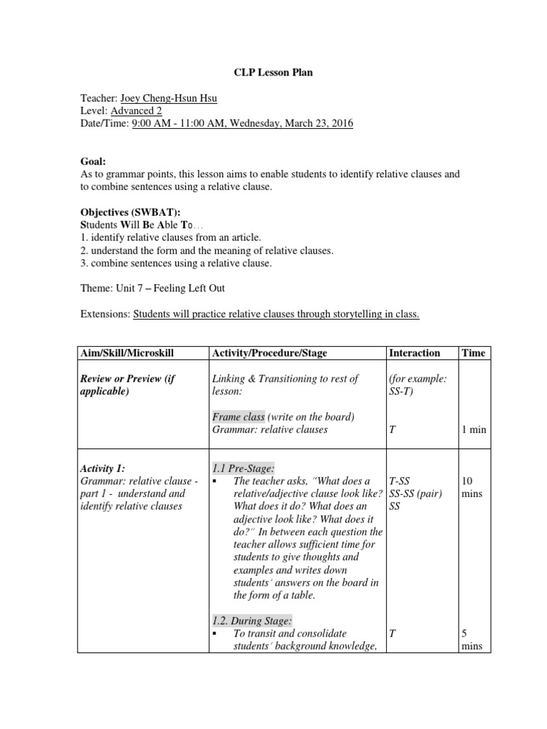 CLP Lesson Plan: Review or Preview (If Applicable) | PDF | Clause ...