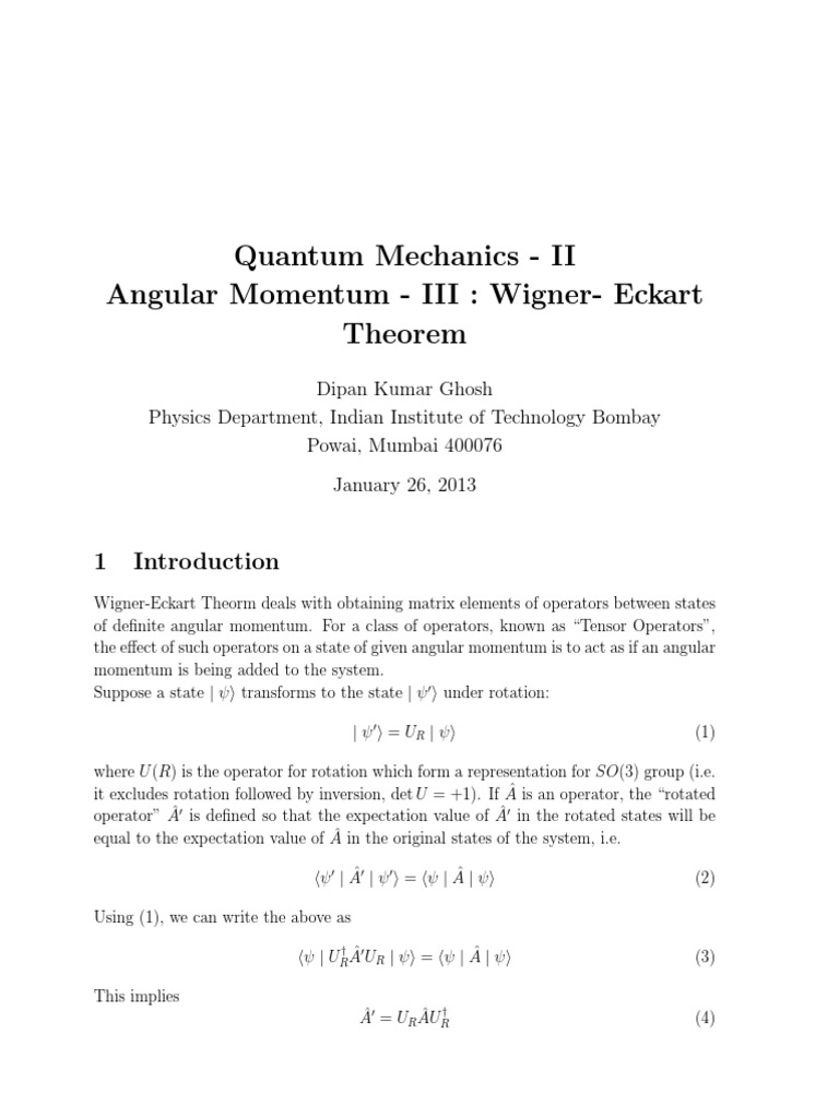 Quantum Mechanics - II Angular Momentum - III: Wigner-Eckart Theorem | PDF | Euclidean Vector ...