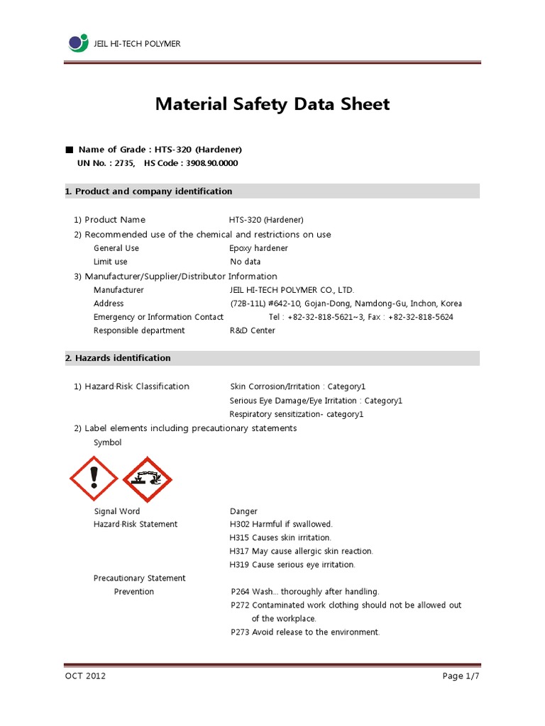 SA-784-A-80875 - HTS-320 MSDS (Hardener) (764123) | PDF | Toxicity | Personal Protective Equipment