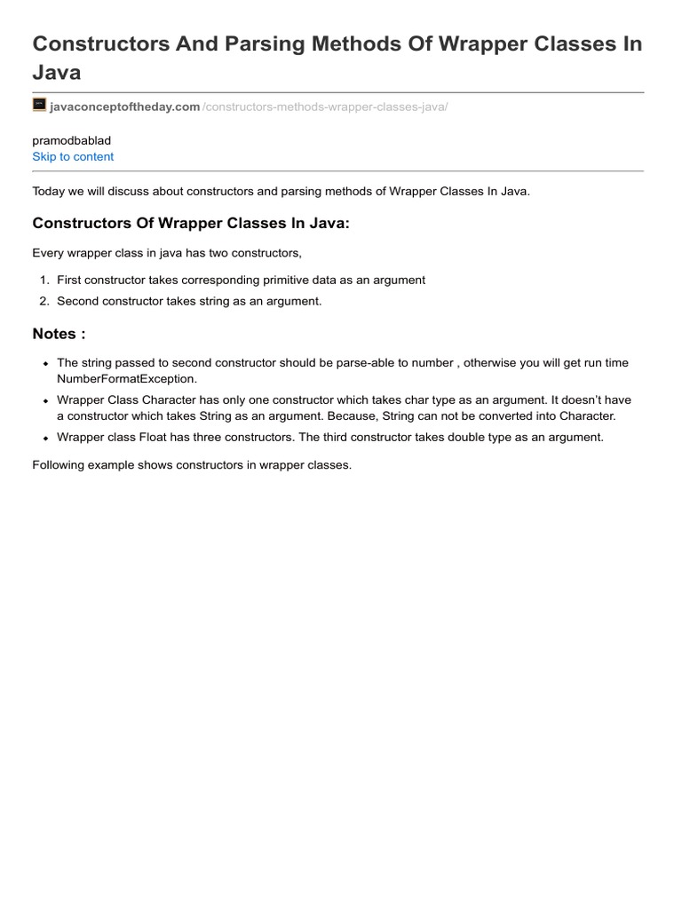 Constructors And Parsing Methods Of Wrapper Classes In Java Pdf Constructor Object Oriented