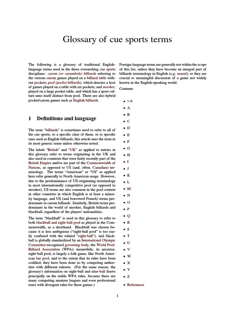 Billiards Terminology Glossary | PDF | Cue Sports | Pool (Cue Sports)