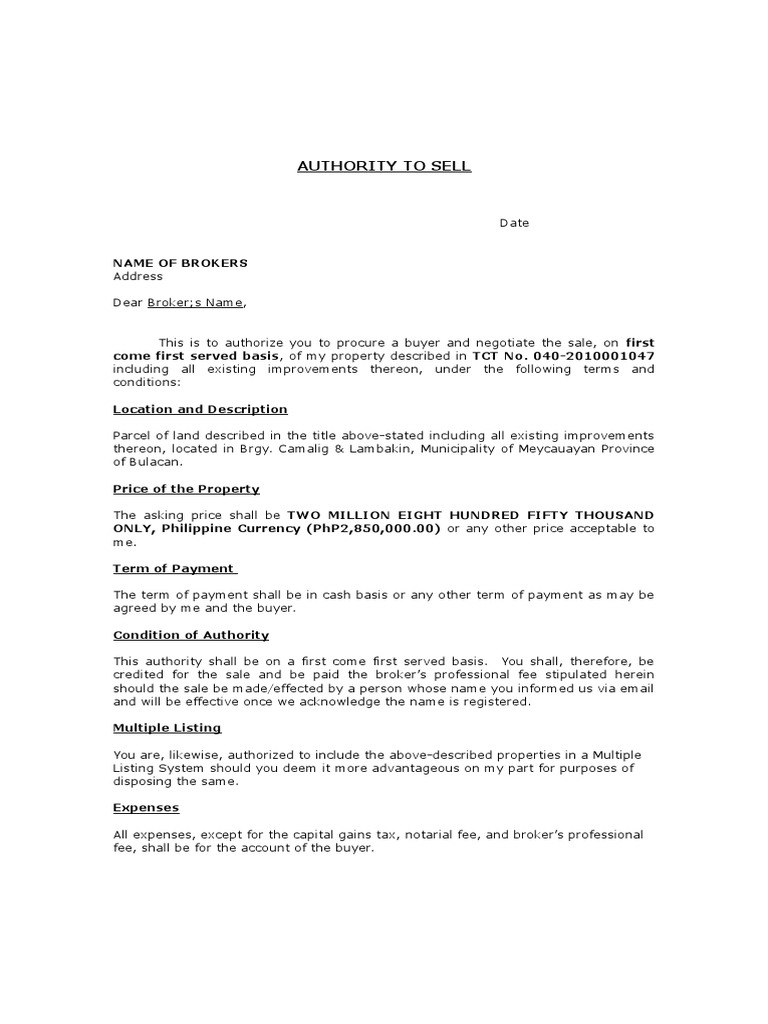 Authority to Sell Format | Real Estate Broker | Property Law