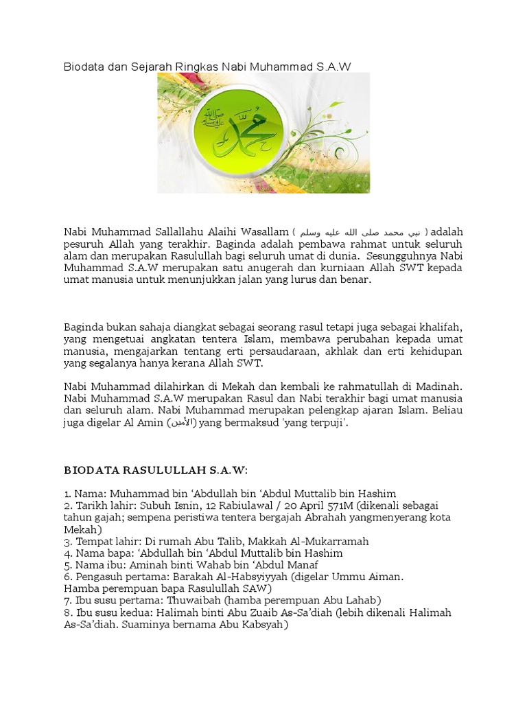 Biodata dan Sejarah Nabi Muhammad S.A.W | PDF
