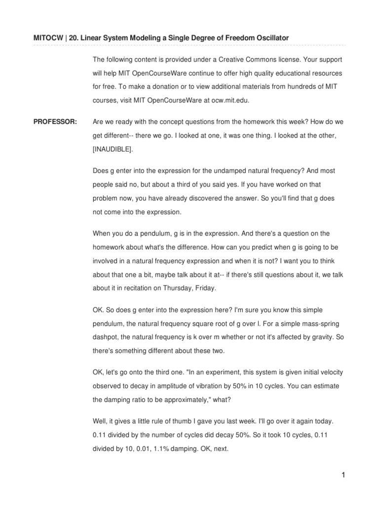 Linear System Modeling A Single Degree of Freedom Oscillator | PDF | Trigonometric Functions ...
