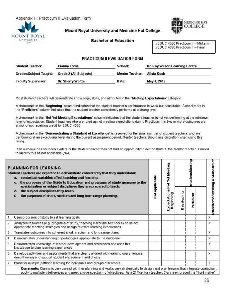 Practicum Evaluation Form MHC - Cianna Toms Final | PDF | Educational ...